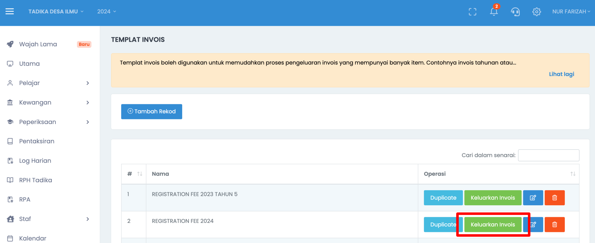 Penggunaan Templat Invois | SMAP